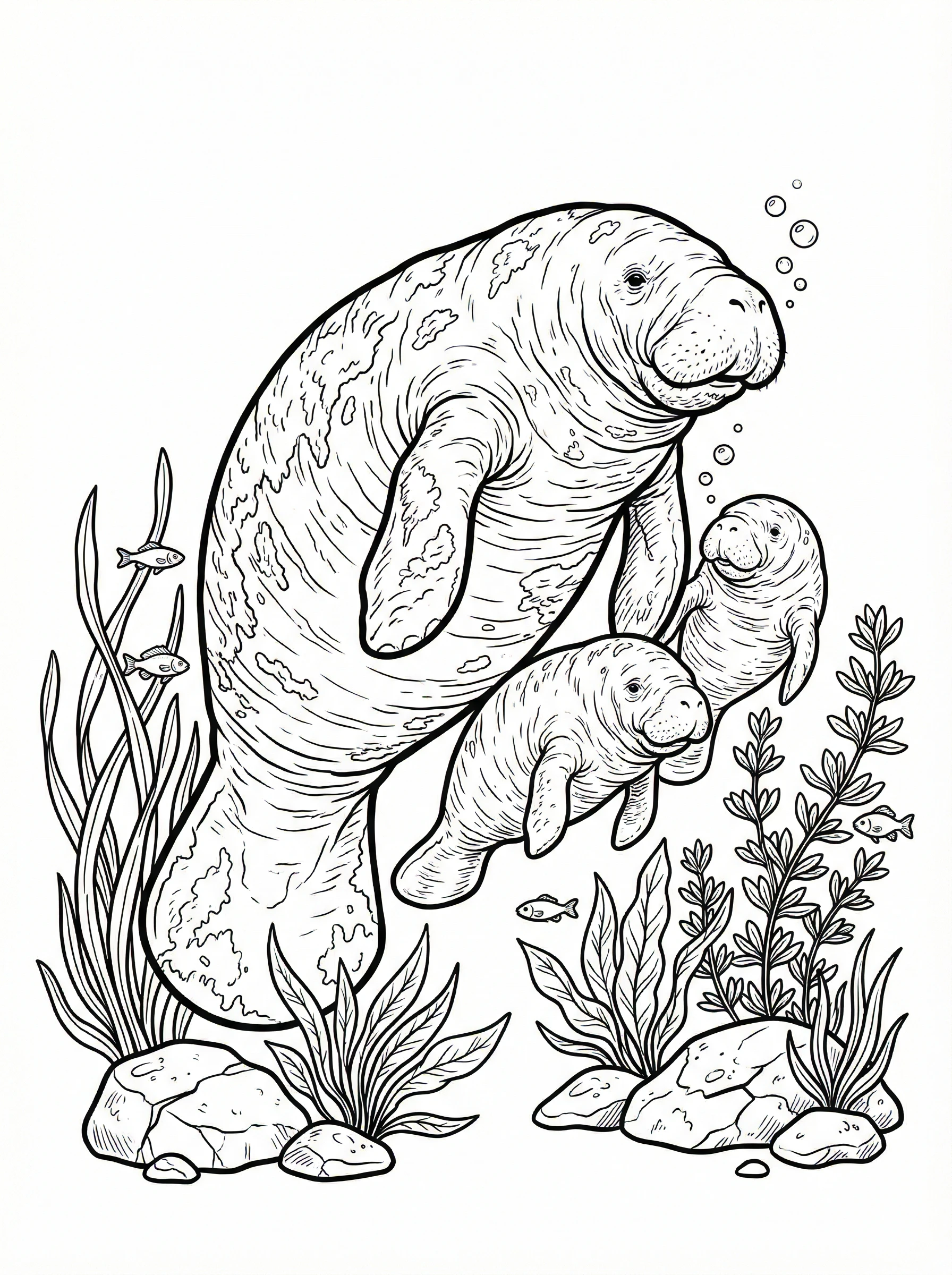 Manatee Family Swimming Underwater Coloring Page