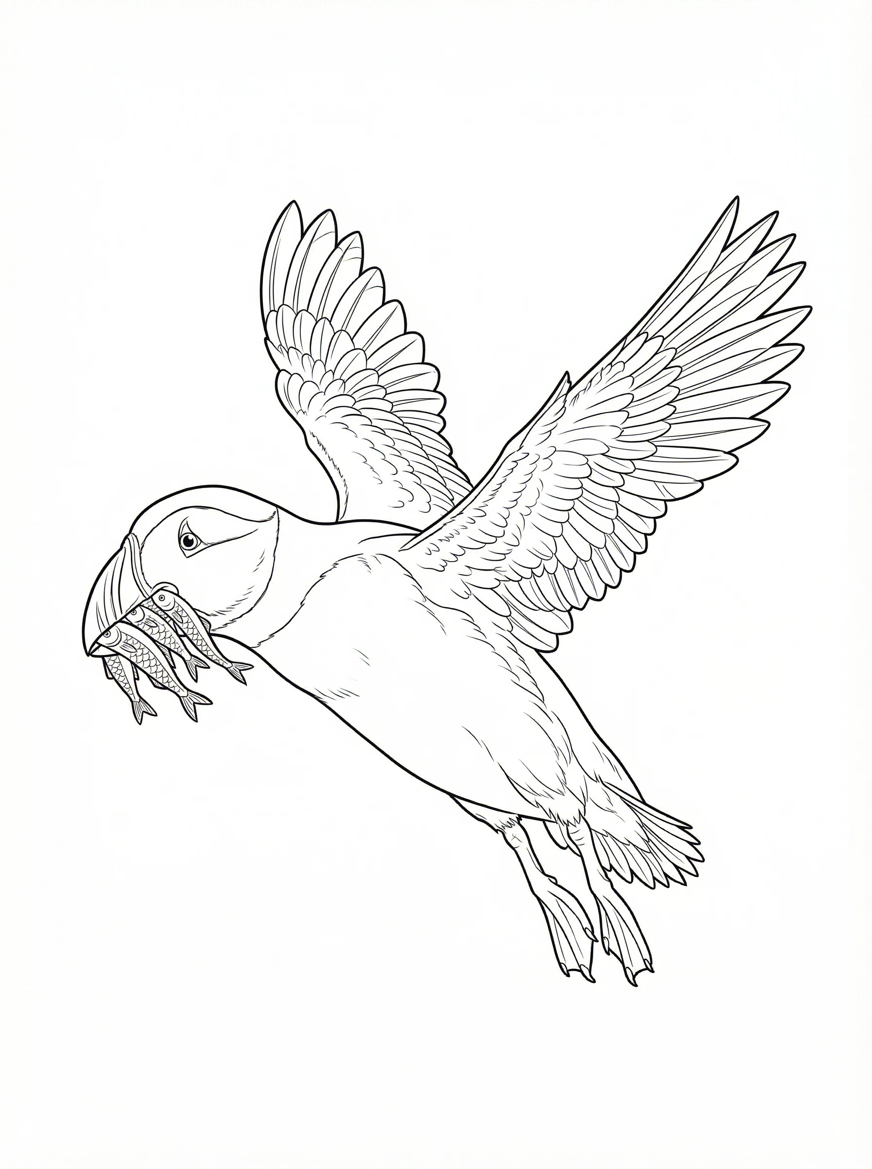 Atlantic Puffin Flying with Fish Coloring Page