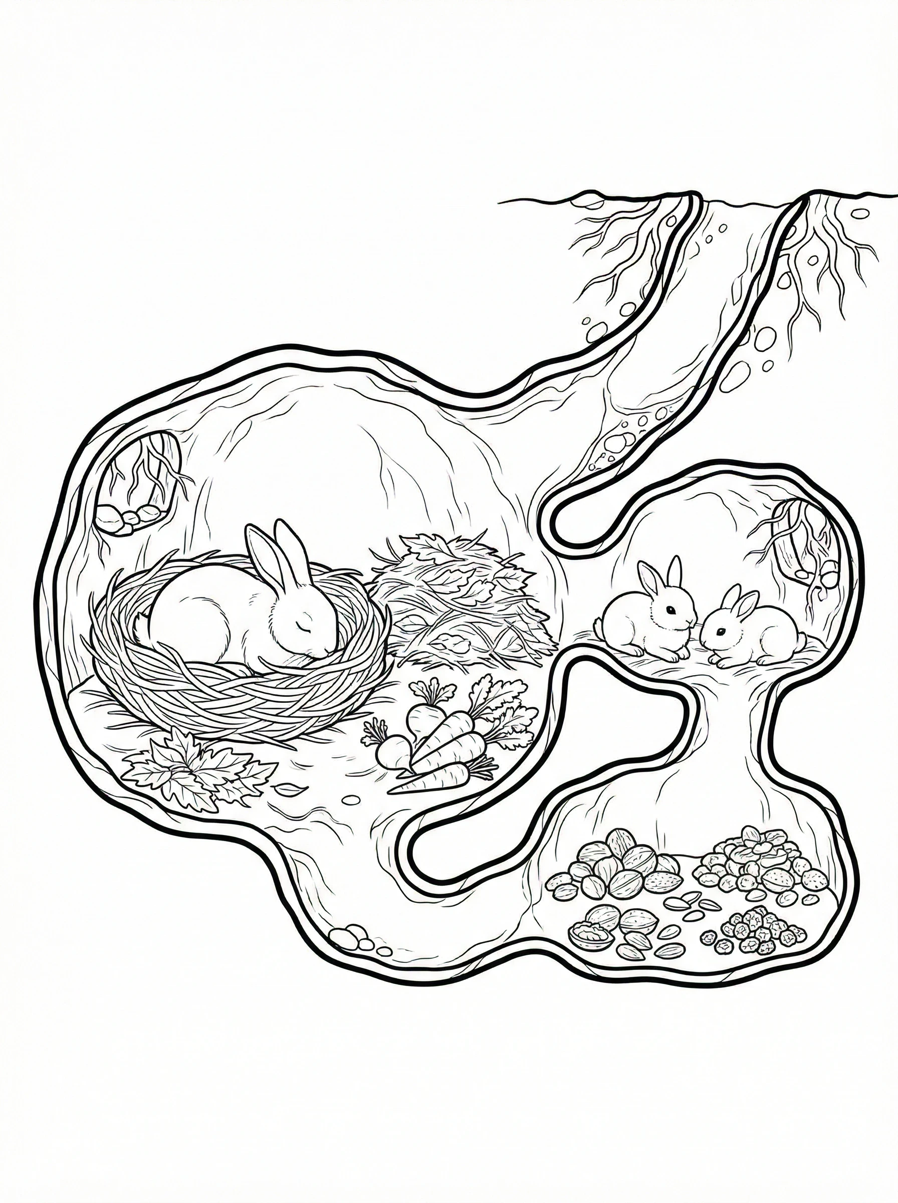 Cozy Rabbit Burrow Cross Section Coloring Page