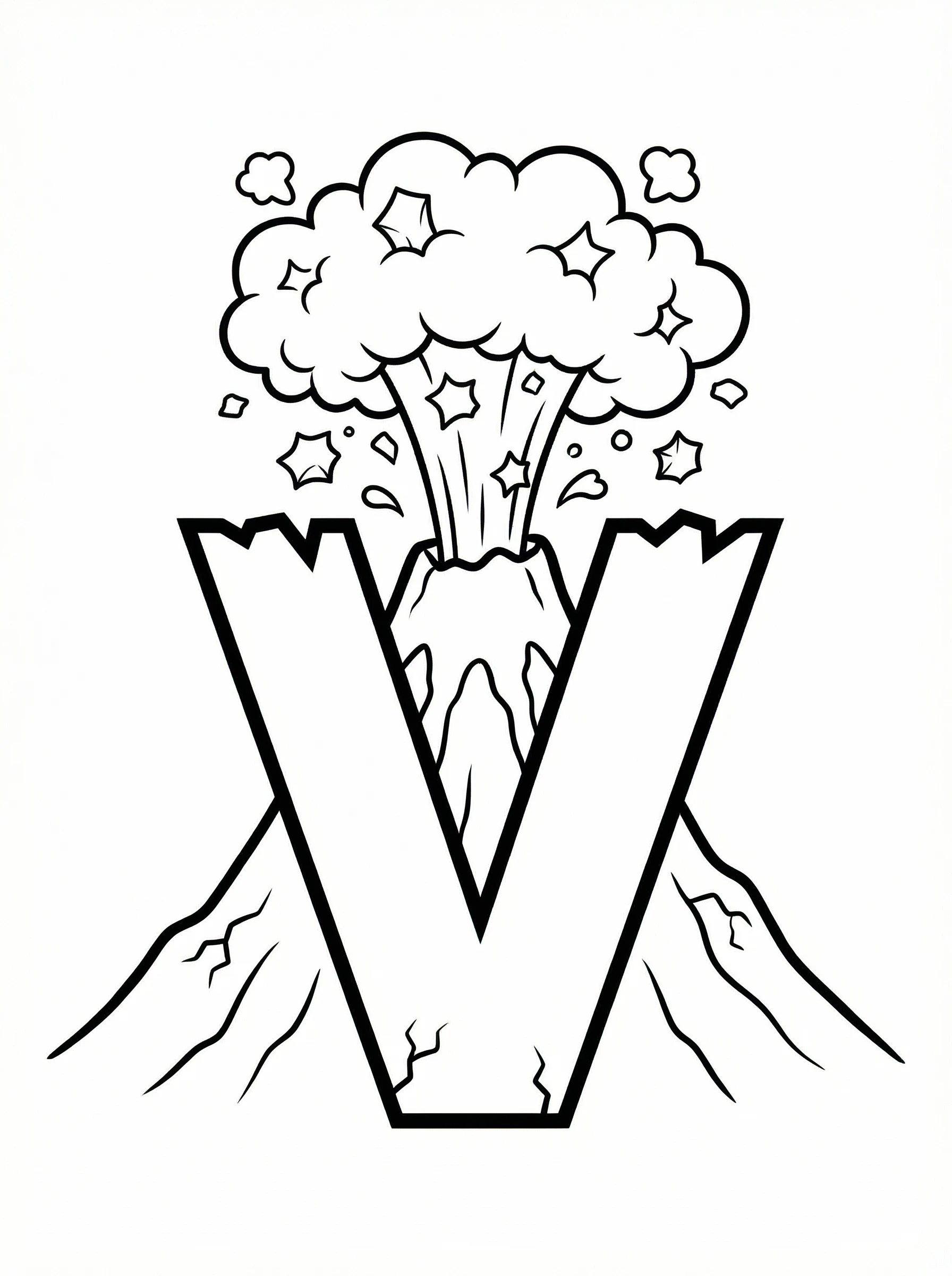 Letter V Volcano Coloring Page